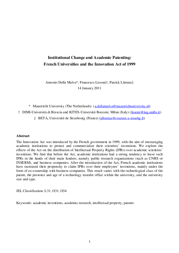 (PDF) Institutional change and academic patenting: French universities and the Innovation Act of ...