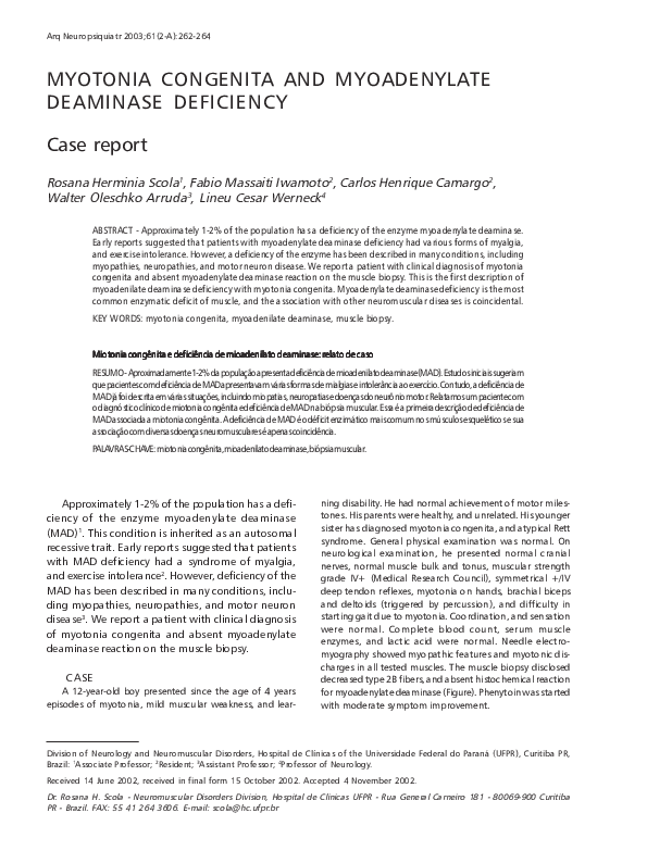 (PDF) Myotonia congenita and myoadenylate deaminase deficiency: case report