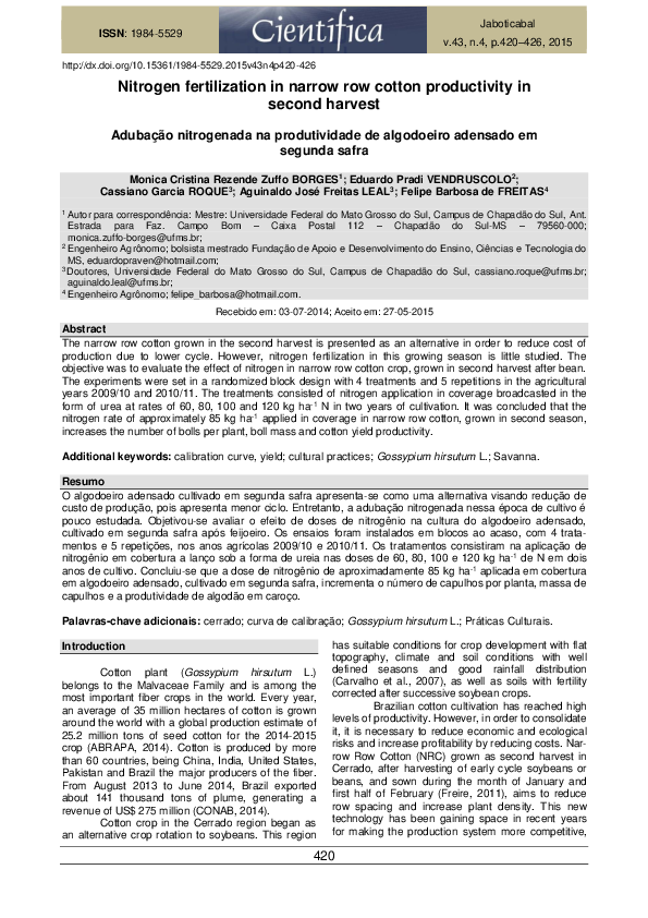 (PDF) Nitrogen fertilization in narrow row cotton productivity in ...