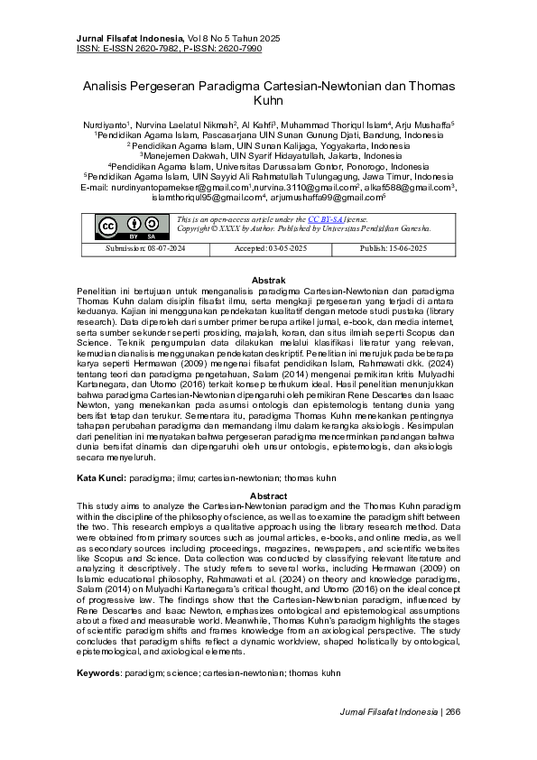 (PDF) Analisis Pergeseran Paradigma Cartesian-Newtonian dan Thomas Kuhn ...
