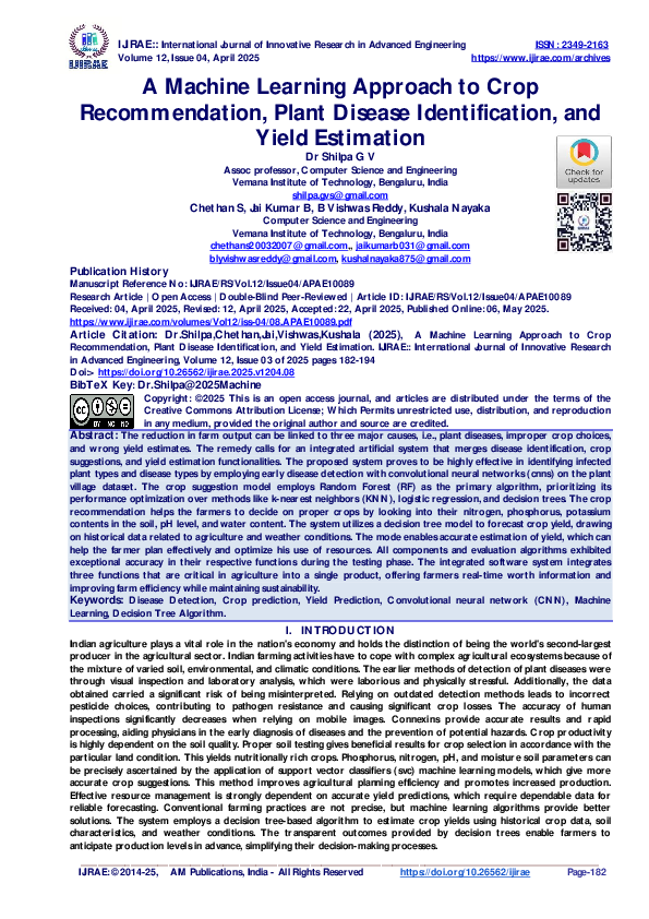 (PDF) A Machine Learning Approach to Crop Recommendation, Plant Disease ...
