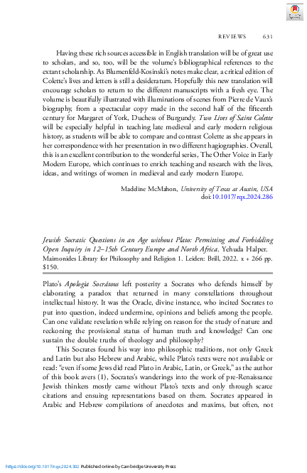 (PDF) Evelien Chayes, Review of Yehuda Halper, Jewish Socratic ...