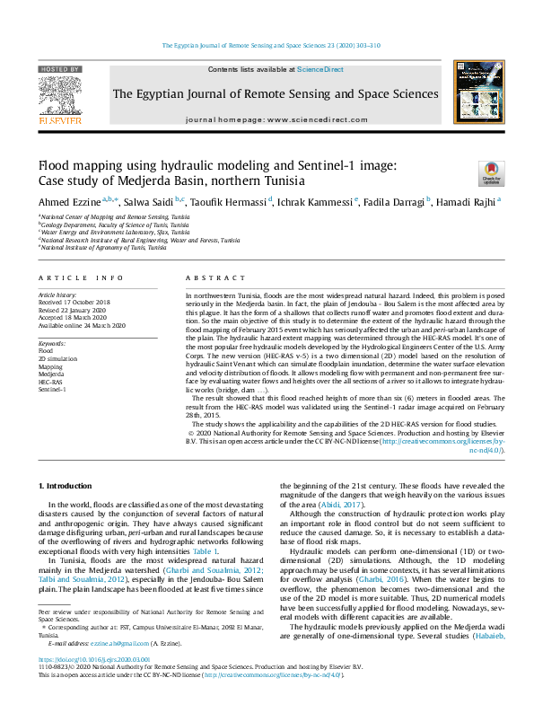 (PDF) Flood mapping using hydraulic modeling and Sentinel-1 image: Case study of Medjerda Basin ...