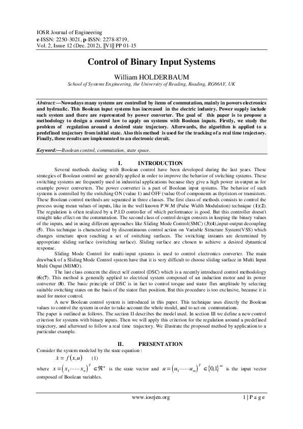 (PDF) Control of Binary Input Systems