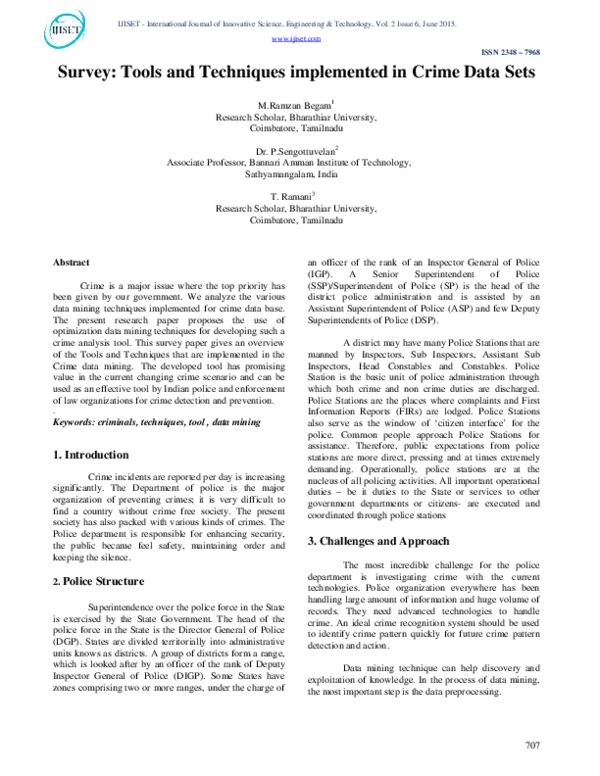 (PDF) Survey: Tools and Techniques implemented in Crime Data Sets