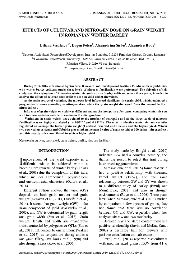 (PDF) Effects of Cultivar and Nitrogen Dose on Grain Eight in Romanian ...