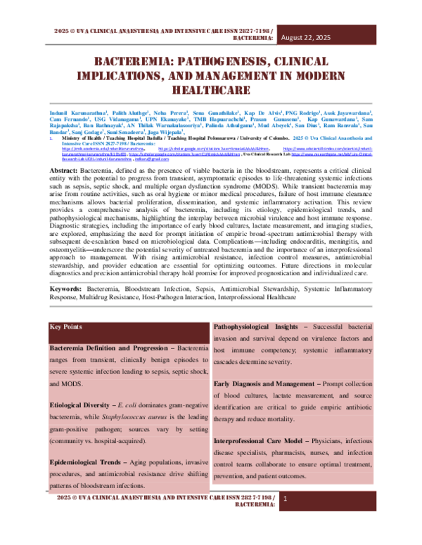 (PDF) Bacteremia: Pathogenesis, Clinical Implications, and Management ...