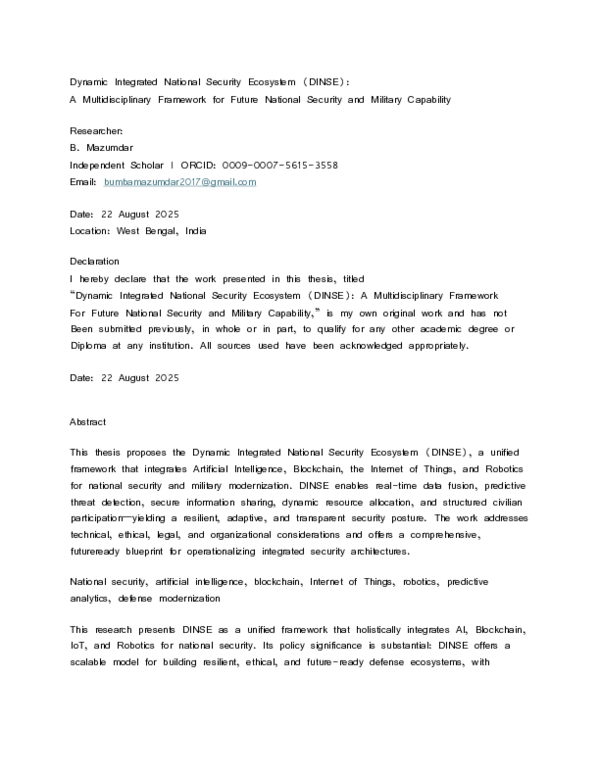 (PDF) "DINSE: A Pioneering Multidisciplinary Framework Integrating AI, Blockchain, IoT, and ...