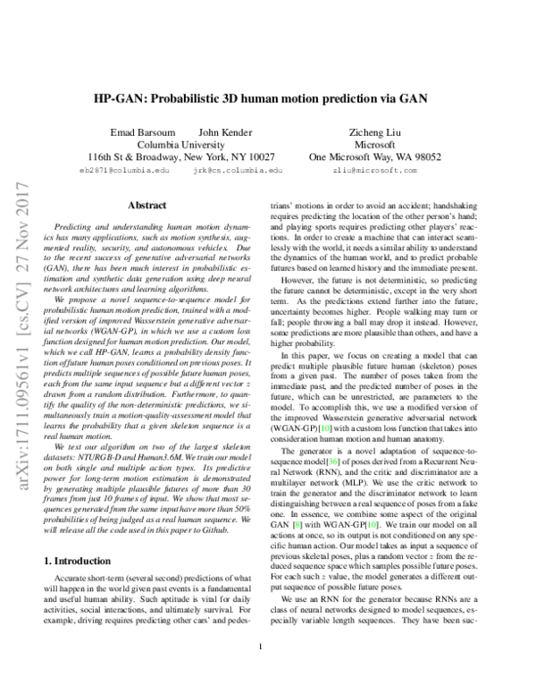 (PDF) HP-GAN: Probabilistic 3D human motion prediction via GAN