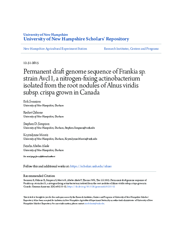 (PDF) Permanent Draft Genome Sequence of Frankia sp. Strain AvcI1, a ...