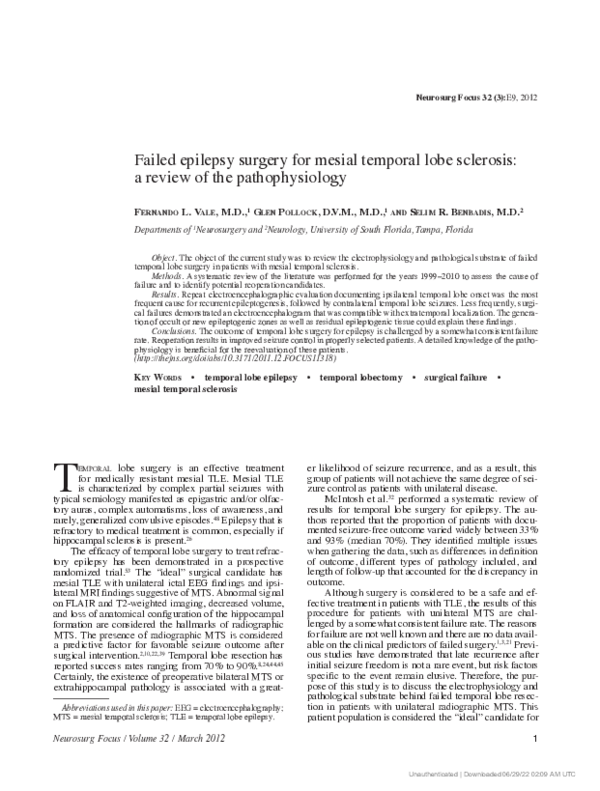 (PDF) Failed epilepsy surgery for mesial temporal lobe sclerosis: a ...