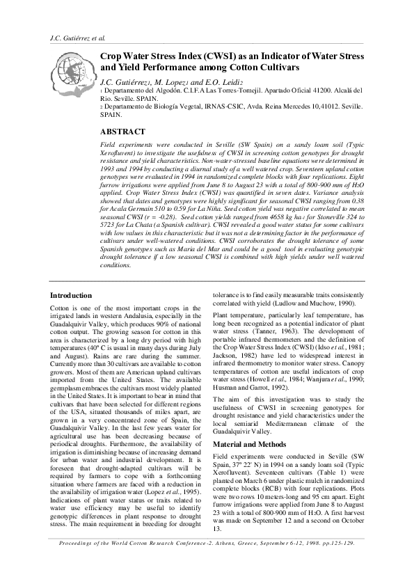 (PDF) Crop Water Stress Index (CWSI) as an Indicator of Water Stress ...