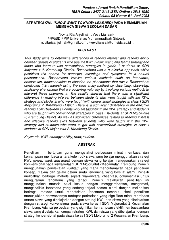 (PDF) Strategi KWL (Know Want to Know Learned) Pada Kemampuan Membaca ...