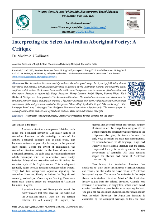 (PDF) Interpreting the Select Australian Aboriginal Poetry: A Critique