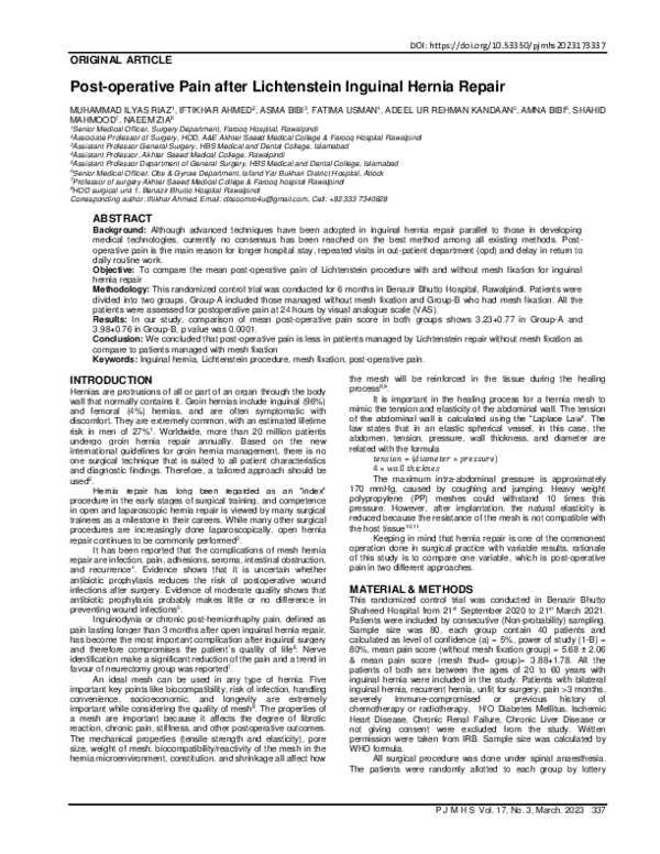 (PDF) Post-operative Pain after Lichtenstein Inguinal Hernia Repair