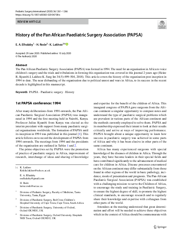 (PDF) History of the Pan African Paediatric Surgery Association (PAPSA)