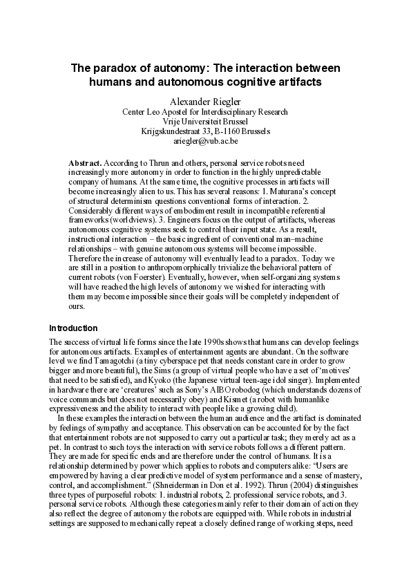 (PDF) The paradox of autonomy: The interaction between humans and autonomous cognitive artifacts