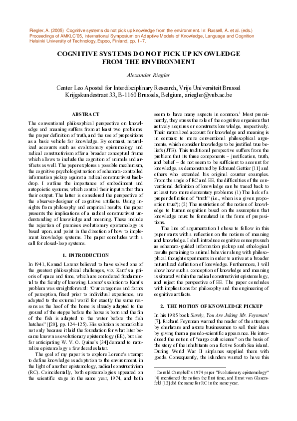 (PDF) Cognitive Systems Do Not Pick Up Knowledge from the Environment
