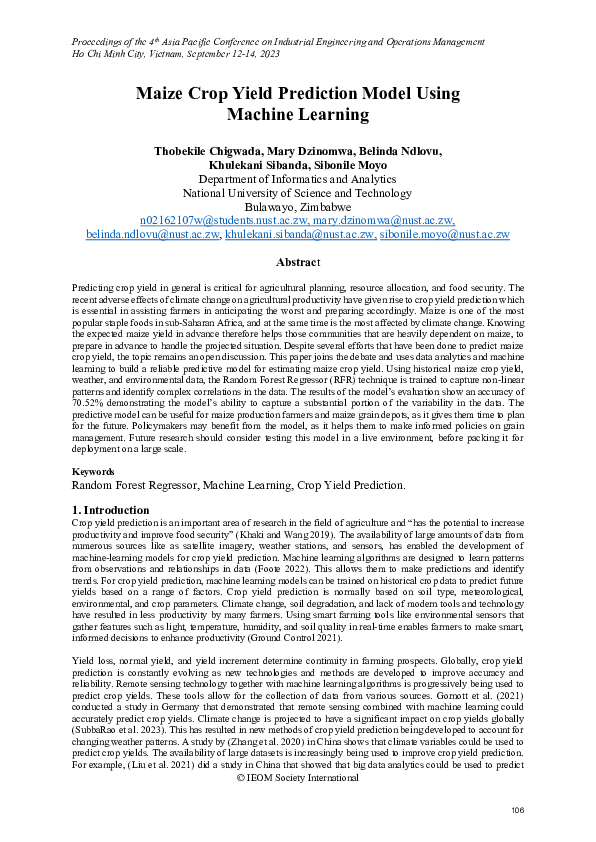 (PDF) Maize Crop Yield Prediction Model Using Machine Learning