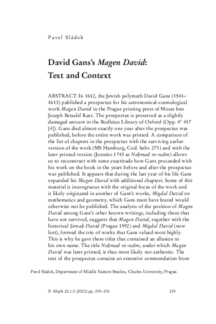 (PDF) David Gans´s Magen David: Text and Context