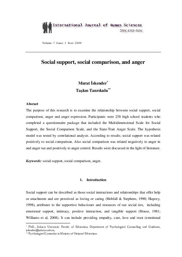 (PDF) Social support, social comparison, and anger
