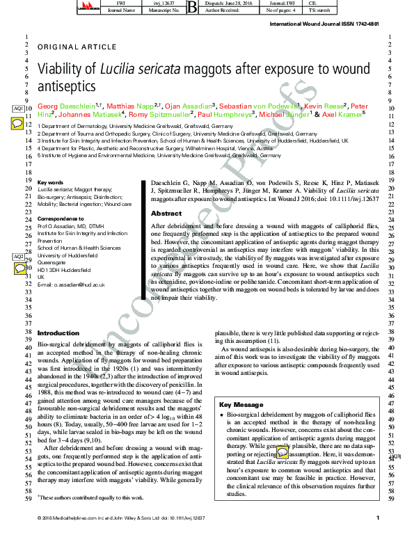 (PDF) Viability of Lucilia sericata maggots after exposure to wound ...