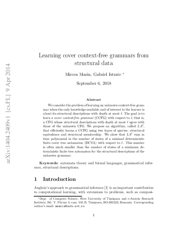 (PDF) Learning Cover Context-Free Grammars from Structural Data