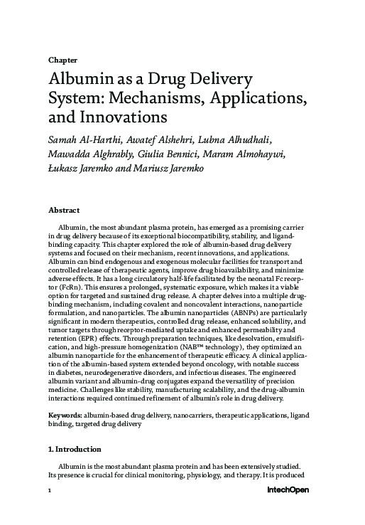 (PDF) Albumin as a Drug Delivery System: Mechanisms, Applications, and ...
