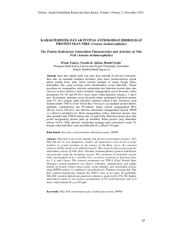 (PDF) KARAKTERISTIK DAN AKTIVITAS ANTIOKSIDAN HIDROLISAT PROTEIN IKAN ...