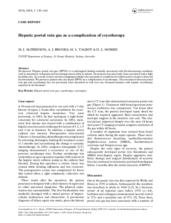(PDF) Hepatic portal vein gas as a complication of cryotherapy
