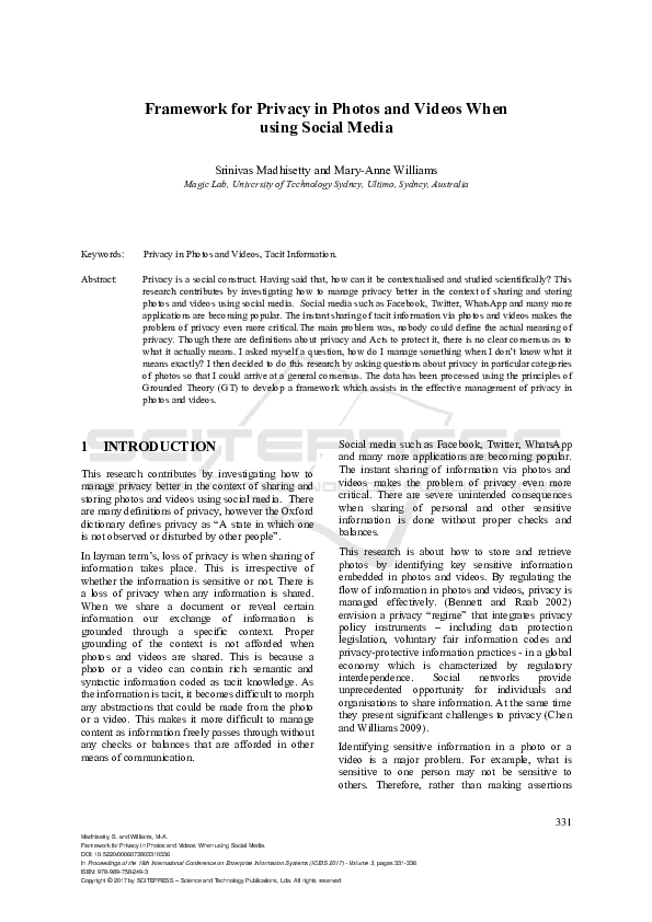 (PDF) Framework for Privacy in Photos and Videos When using Social Media
