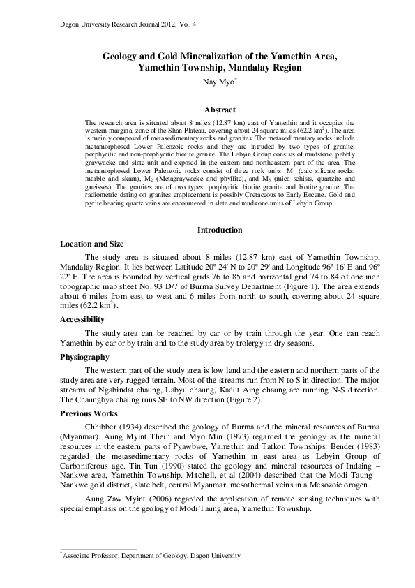 (PDF) Geology and Gold Mineralization of the Yamethin Area, Yamethin ...