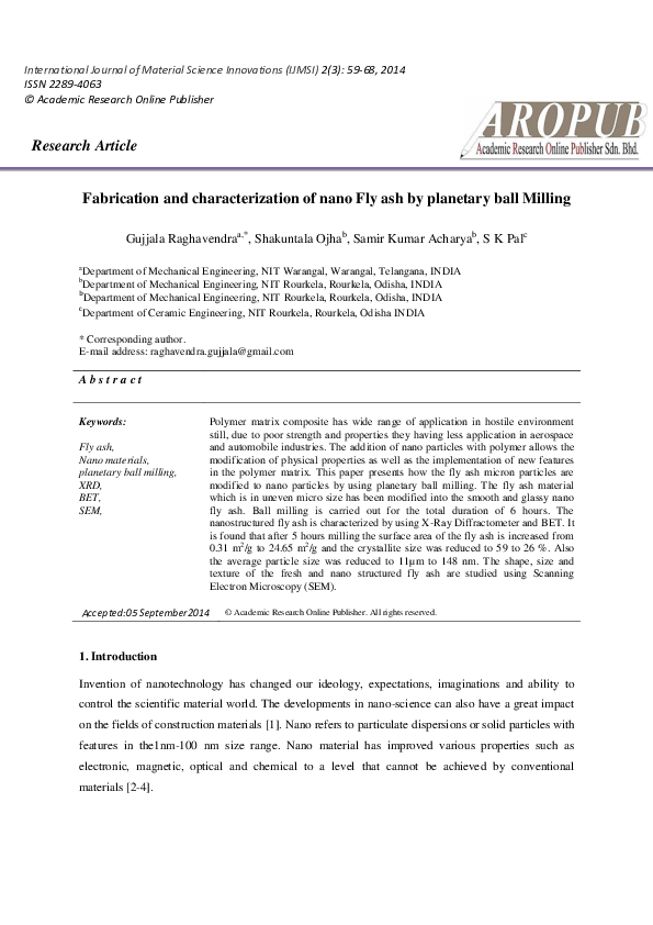 (PDF) Fabrication and characterization of nano Fly ash by planetary ...