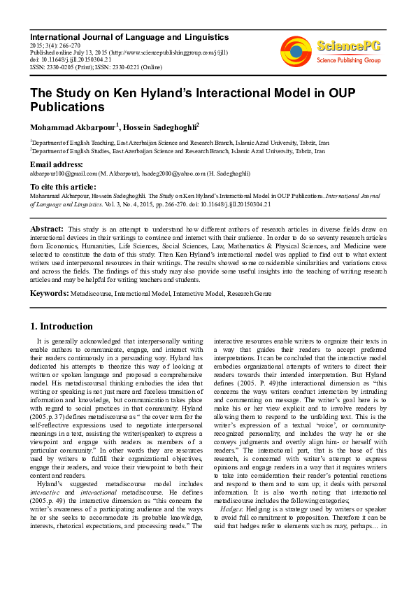 (PDF) The Study on Ken Hyland’s Interactional Model in OUP Publications