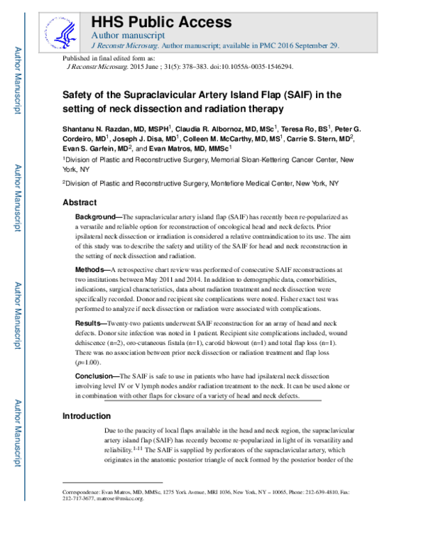 (PDF) Safety of the Supraclavicular Artery Island Flap in the Setting ...