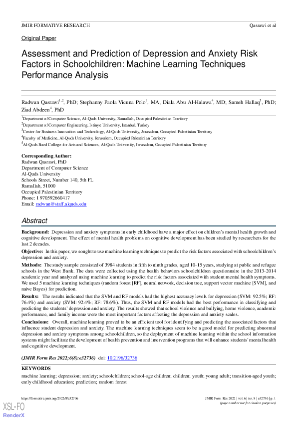 (PDF) Assessment and Prediction of Depression and Anxiety Risk Factors in Schoolchildren ...
