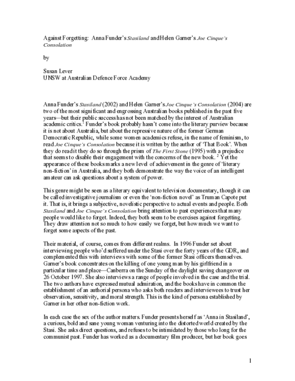 (PDF) Against Forgetting: Anna Funder's Stasiland and Helen Garner's ...