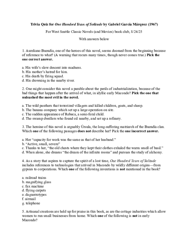 (PDF) Trivia Quiz for One Hundred Years of Solitude by Gabriel García ...