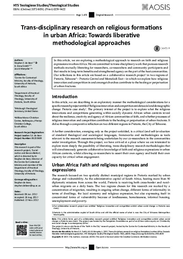 (PDF) Trans-disciplinary research on religious formations in urban ...