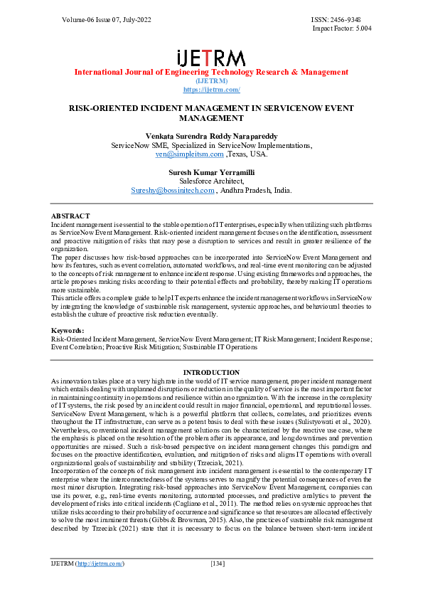 (PDF) RISK-ORIENTED INCIDENT MANAGEMENT IN SERVICENOW EVENT MANAGEMENT