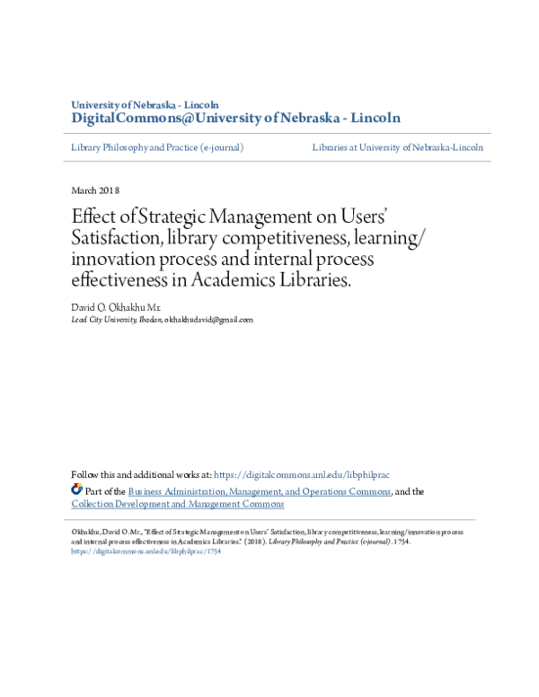 (PDF) Effect of Strategic Management on Users’ Satisfaction, library ...
