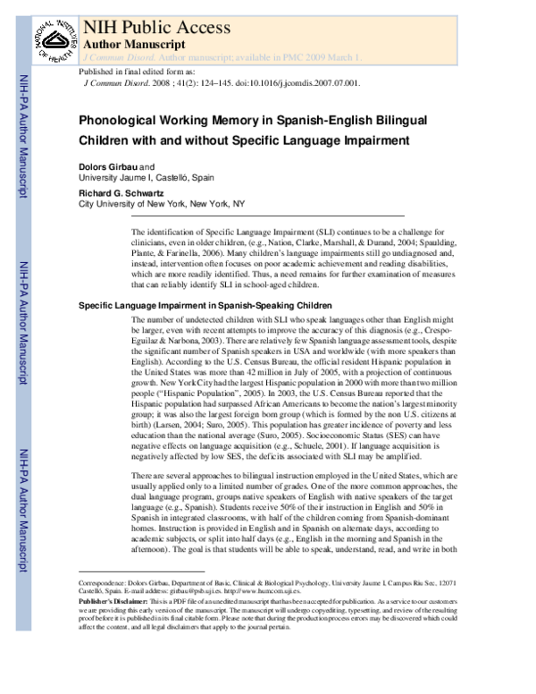 (PDF) Phonological working memory in Spanish–English bilingual children ...