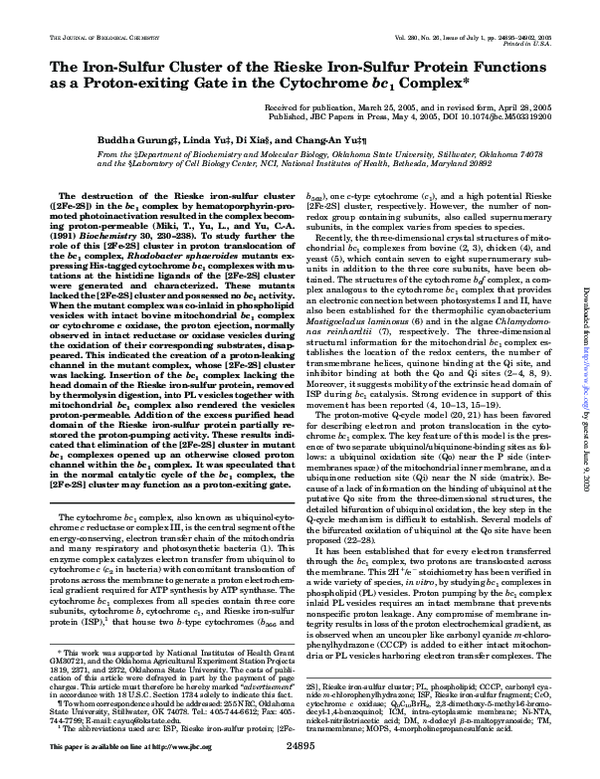 (PDF) The Iron-Sulfur Cluster of the Rieske Iron-Sulfur Protein ...