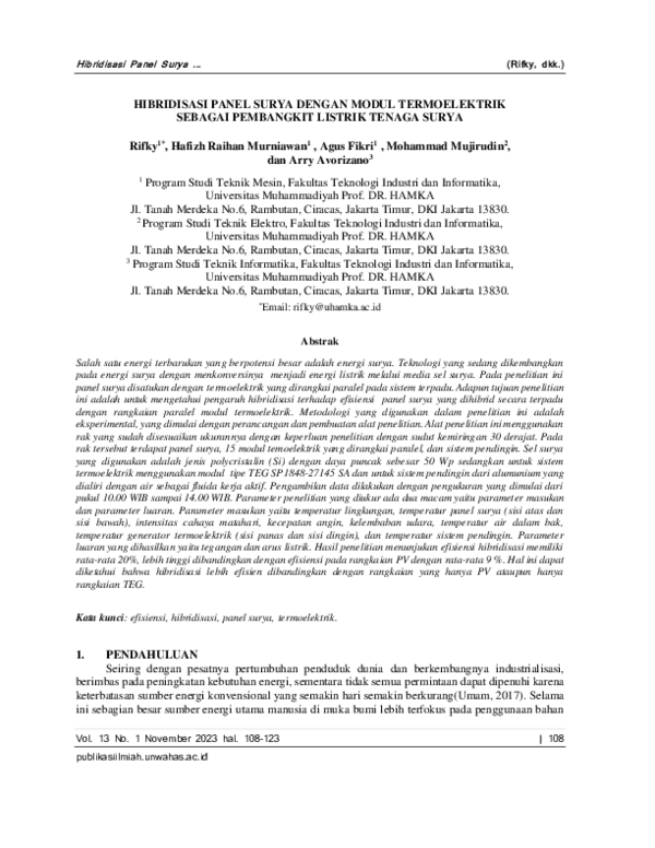 (PDF) Hibridisasi Panel Surya Dengan Modul Termoelektrik Sebagai ...