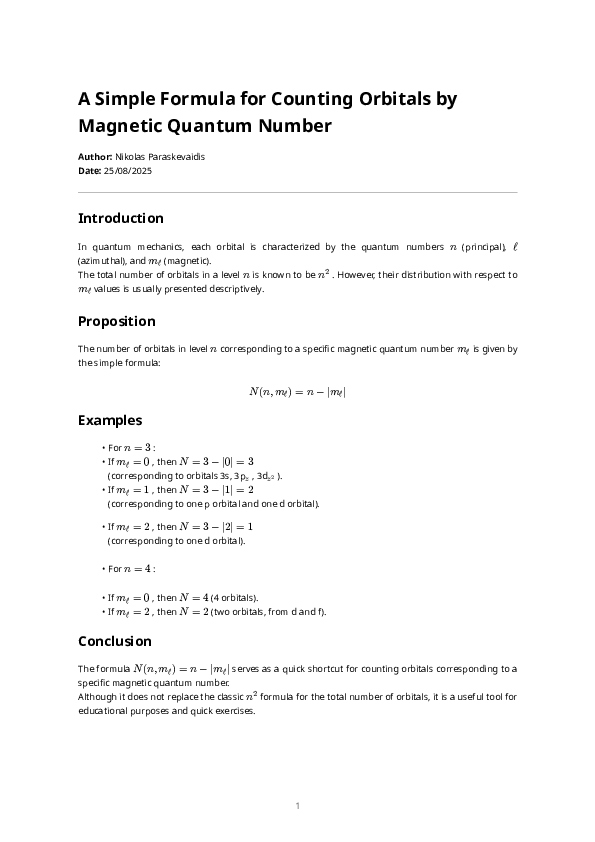 (PDF) A Simple Formula for Counting Orbitals by Magnetic Quantum Number