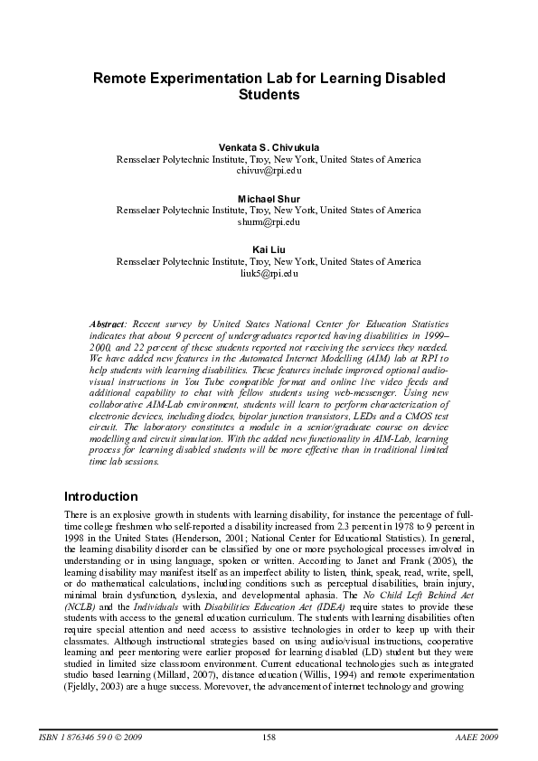 (PDF) Remote Experimentation Lab for Learning Disabled Students