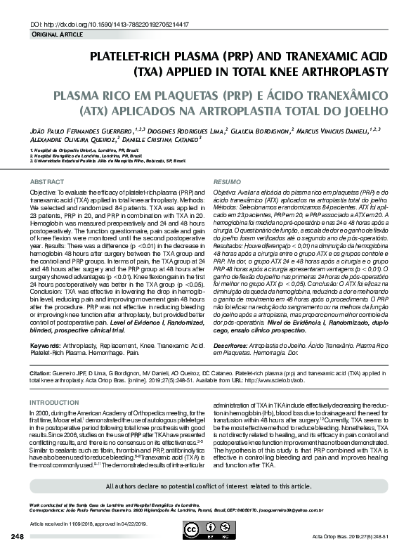 (PDF) Platelet-Rich Plasma (PRP) and Tranexamic Acid (Txa) Applied in ...