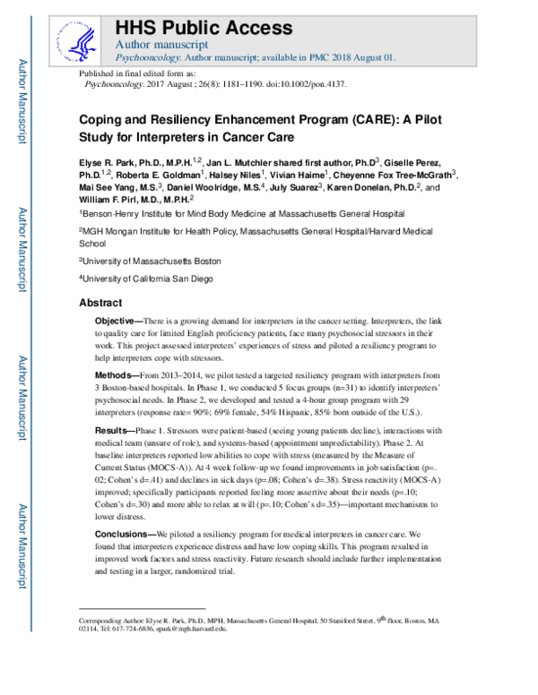 (PDF) Coping and resiliency enhancement program (CARE): a pilot study ...