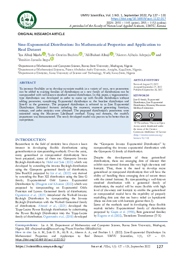 (PDF) Sine-Exponential Distribution: Its Mathematical Properties and ...