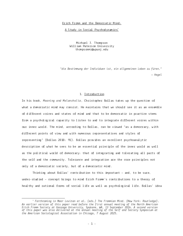 (PDF) Erich Fromm and the Democratic Mind: A Study in Social Psychodynamics